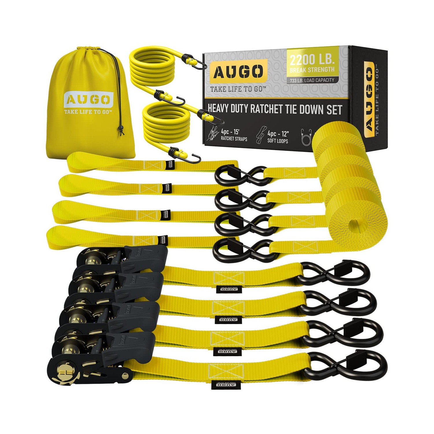 AUGO Ratchet Straps Heavy Duty 4 Pack -15 FT - 2200 LB Break Strength ...
