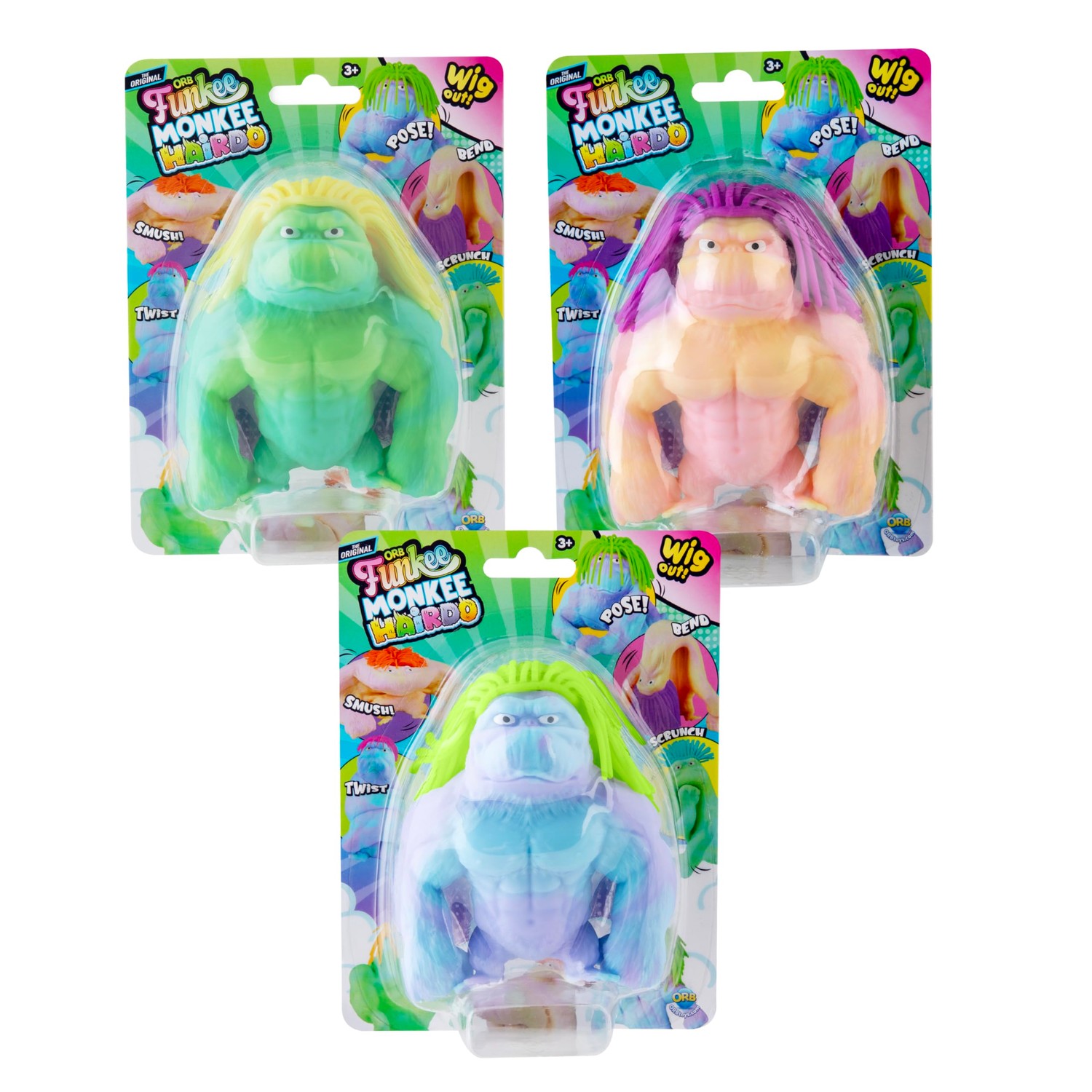 ORB MEGA Long Hairdo Funkee Monkee 3 Pack - Funny, Stretchy, Squishy ...