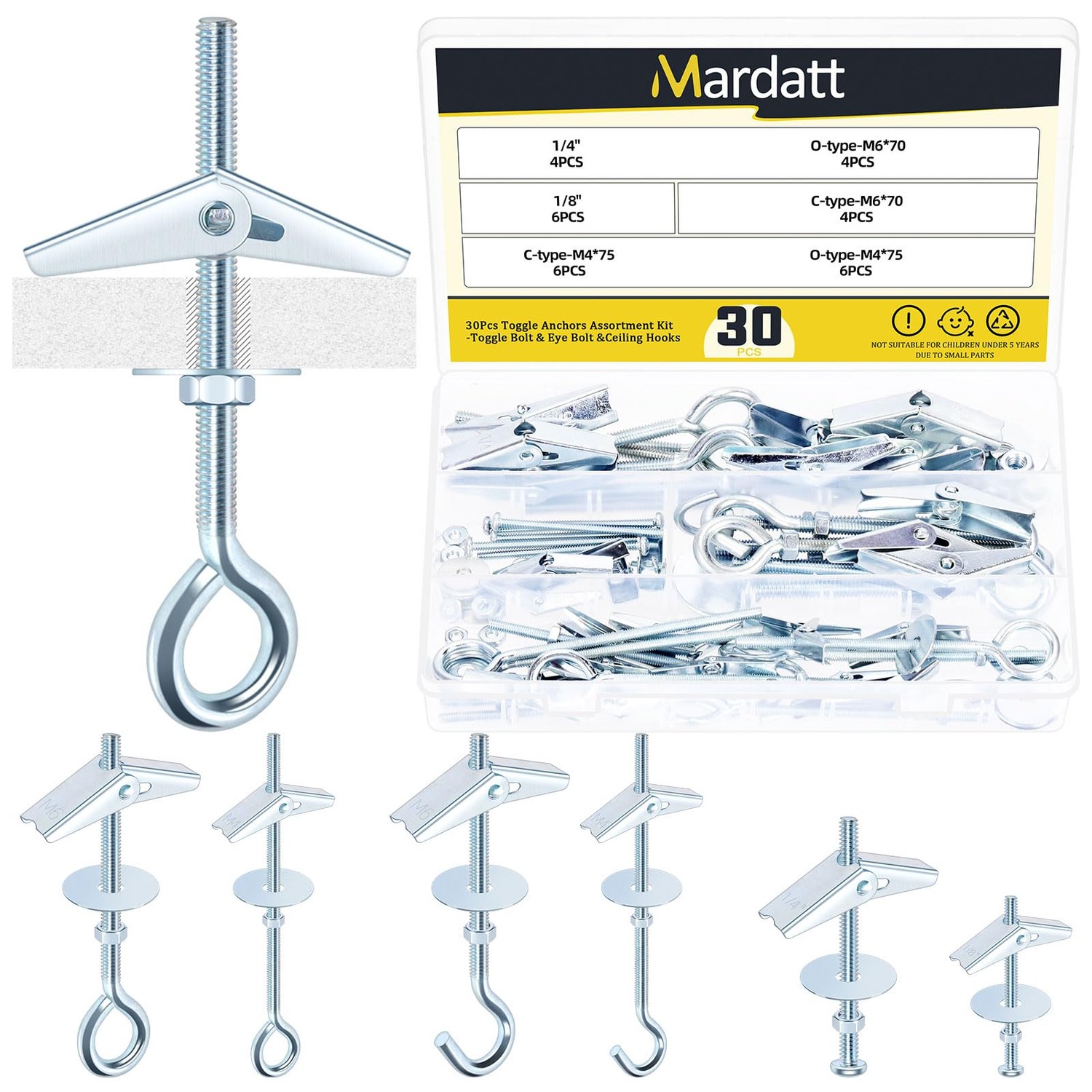 Mardatt 30Pcs 3 Types Toggle Bolts Assortment Kit, M4 M6 Toggle Bolt ...