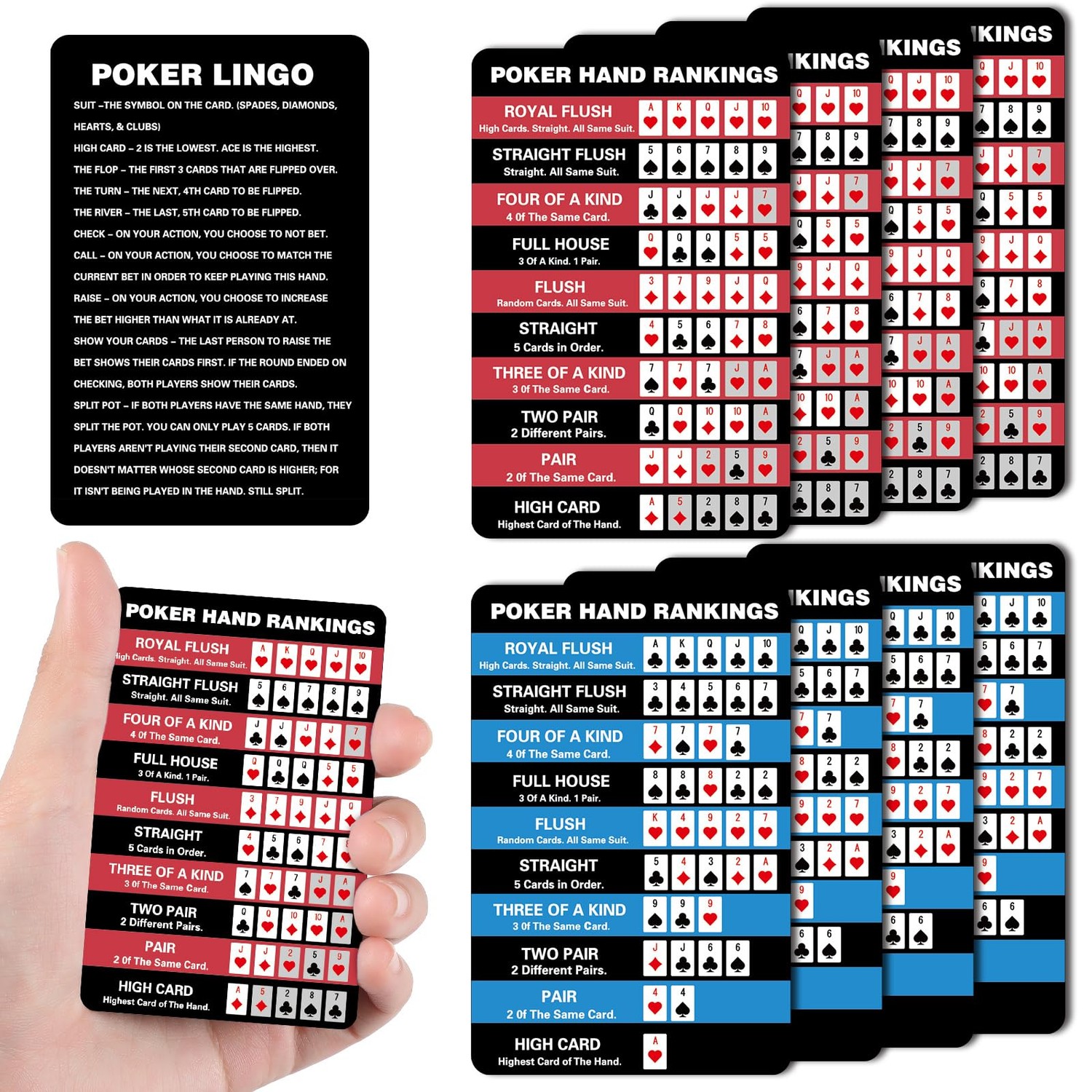AmazingSpark 8 Pcs Poker Hand Rankings Chart Rules Cheat Sheet Cards ...