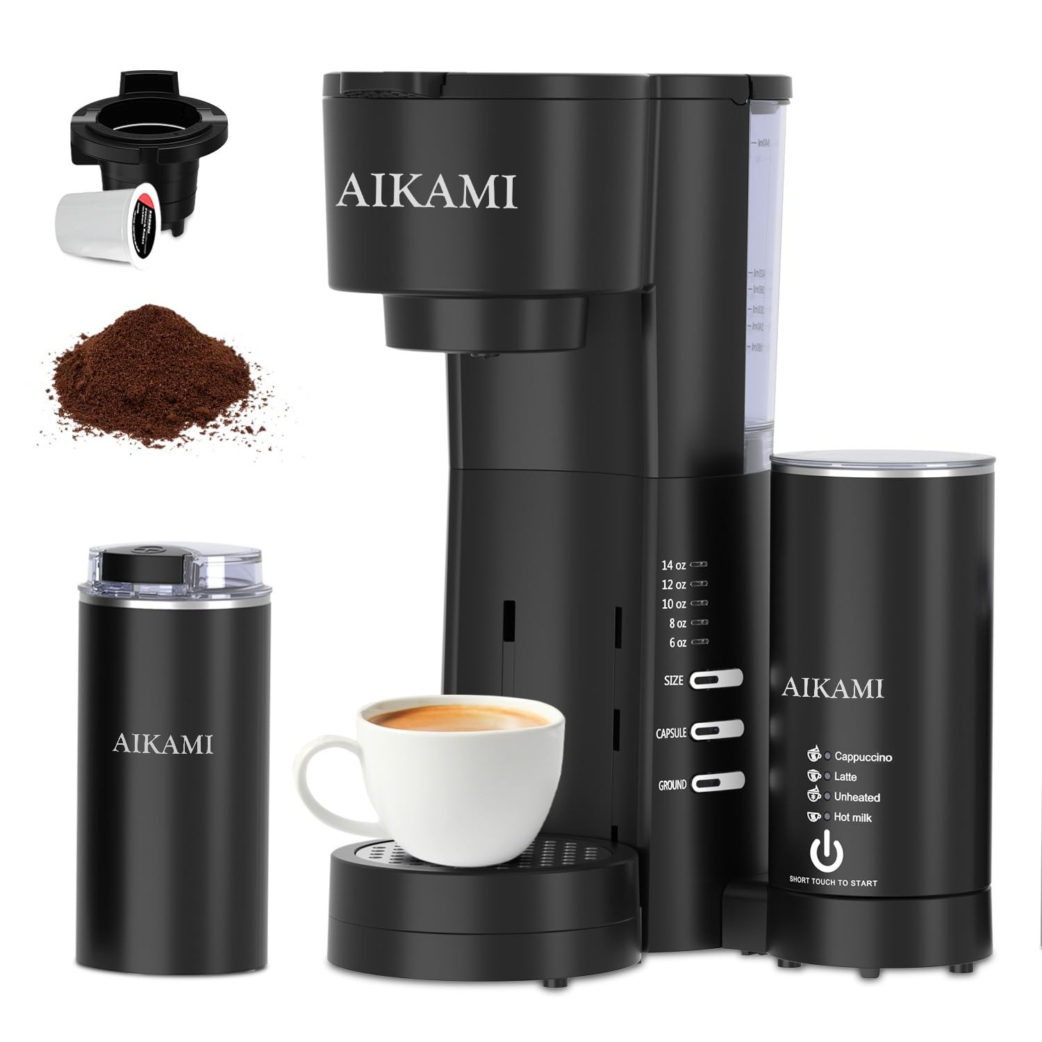 4 IN 1 Single Serve Coffee Maker with Milk Frother and Coffee Grinder ...