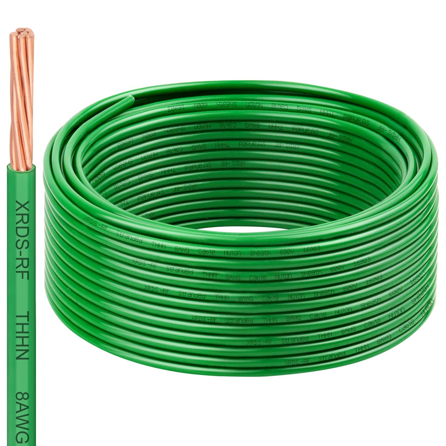 8 AWG THHN Stranded Bare Copper Wire 50FT Green Grounding Wire ...