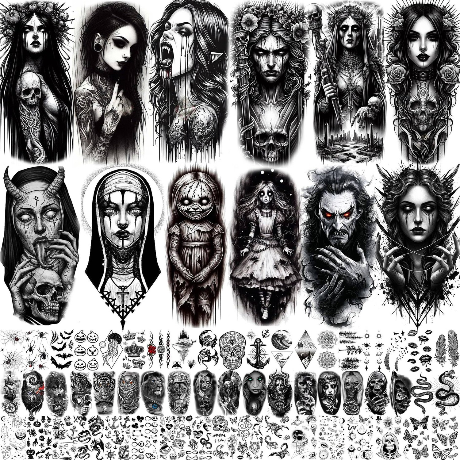 67 Sheets Black Gothic Temporary Tattoos For Men Women, Halloween Death ...