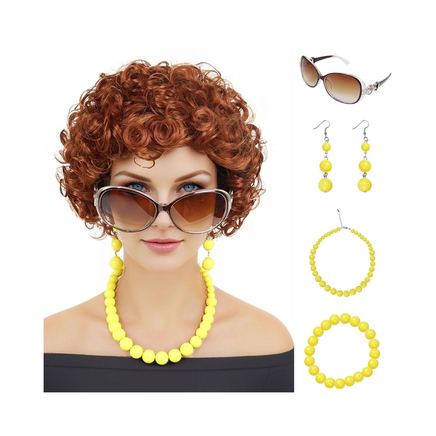 GNIMEGIL Mrs Roper Costume Auburn Curly Wig Set with Glasses, Necklace ...