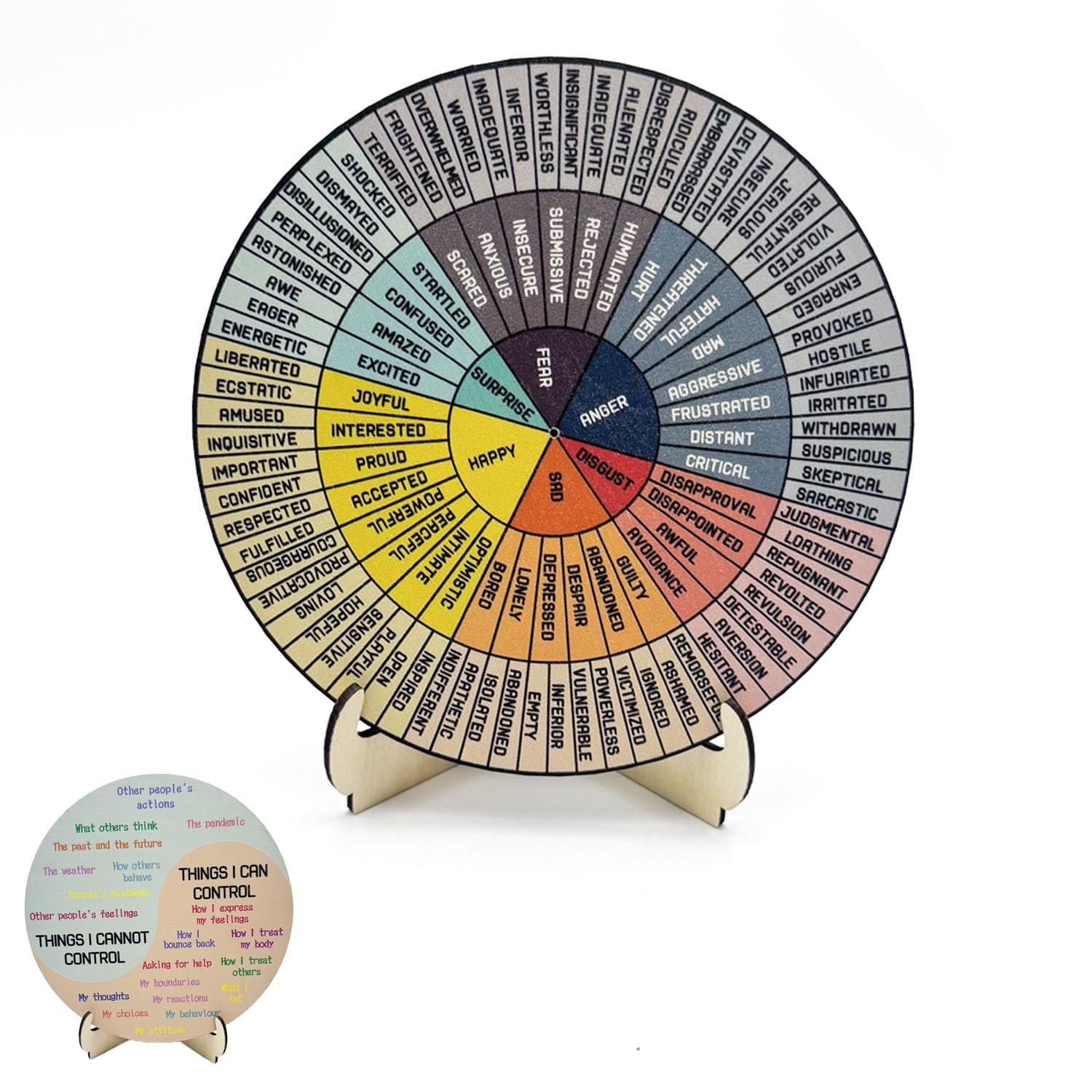 Feelings Wheel with Stand Wooden Emotions Wheel Double Sided Round ...