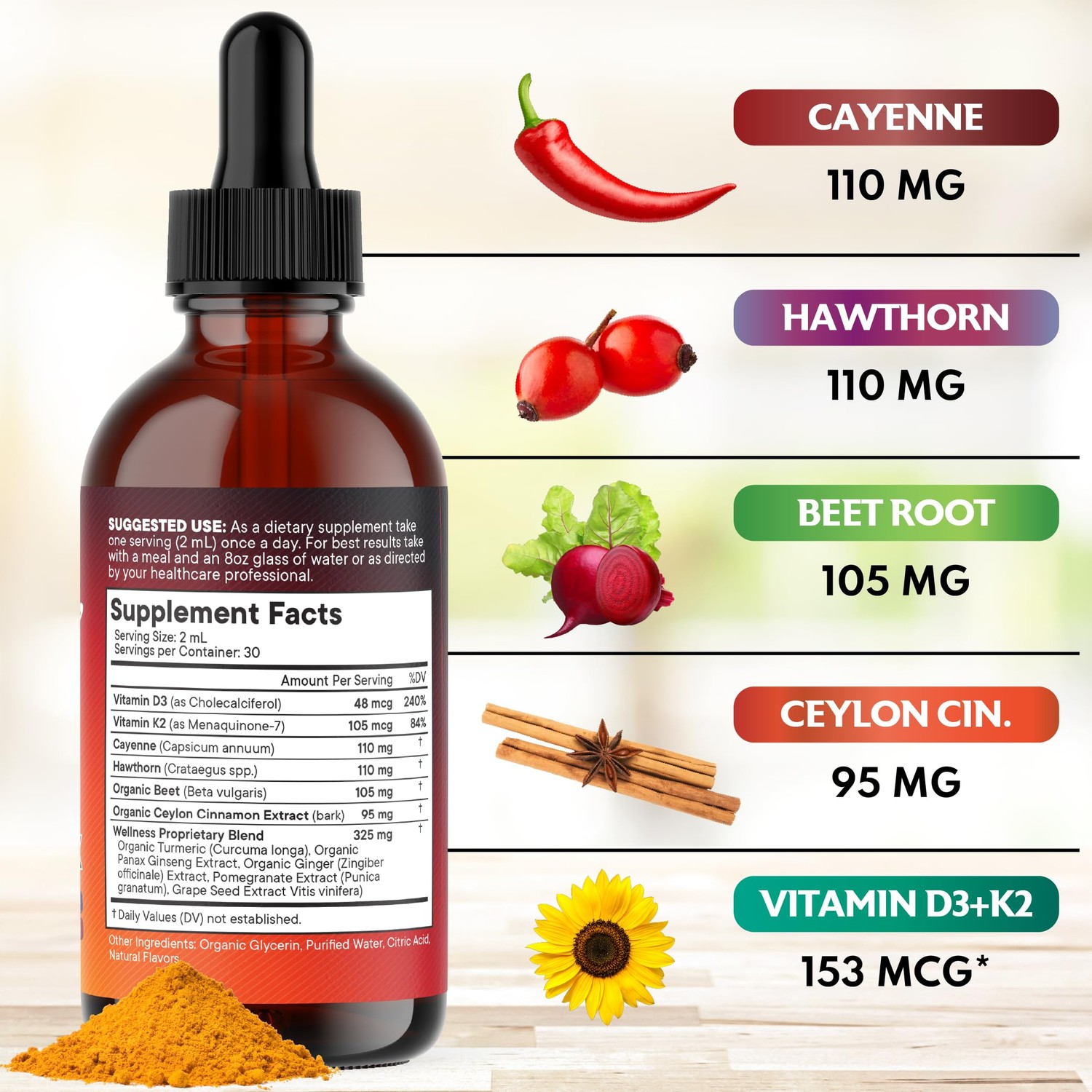 Cayenne Pepper Supplement Liquid Drops + Hawthorn Berry, Vitamin D3 K2 ...