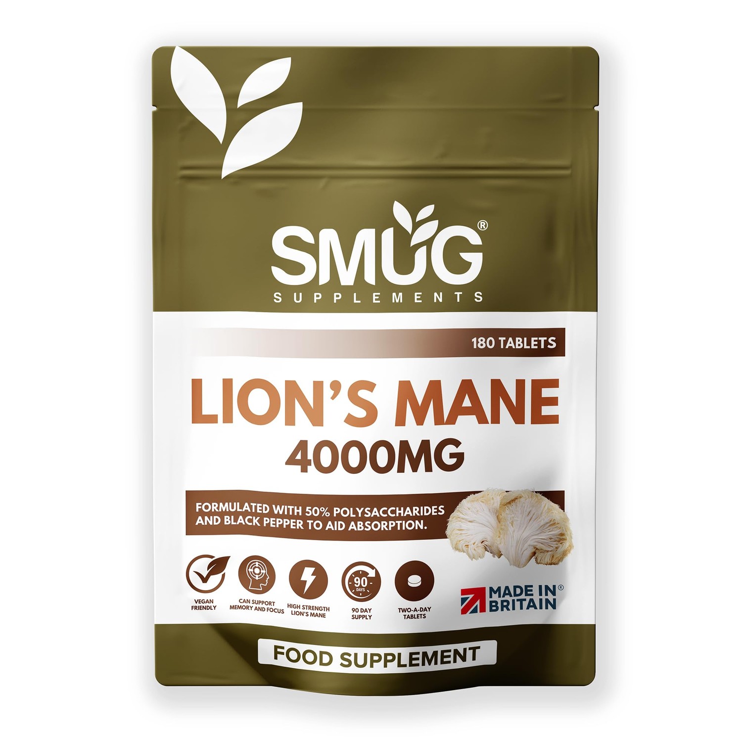 Lions Mane 4000mg British Made by SMUG Supplements - 180 Vegan Lion's ...