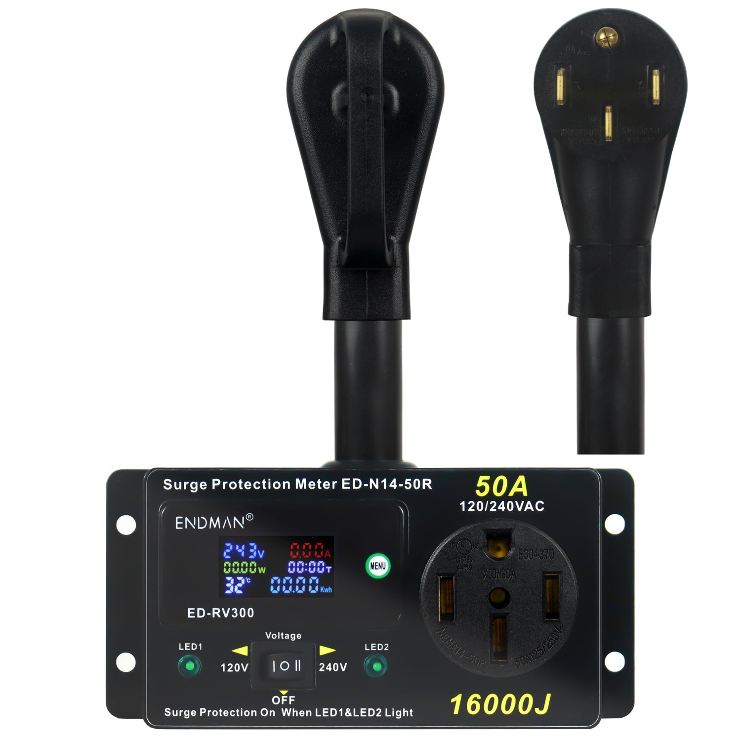 ENDMAN RV 50 Amp Surge Protector AC Power Meter,16000Joules 240V NEMA ...