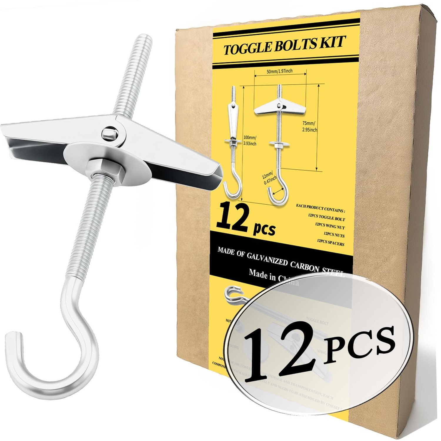 1/5" Heavy Duty Hook Toggle Bolts Set - 12 Packs Swag Hooks for Hanging ...
