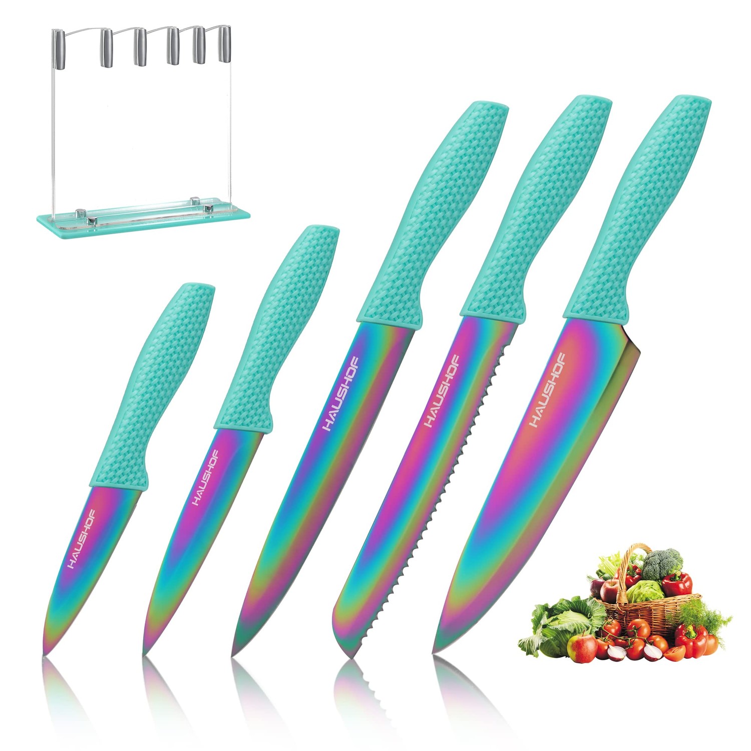 HAUSHOF Kitchen Knife Set, 5 Pieces Rainbow Knife Sets with Arcylic ...
