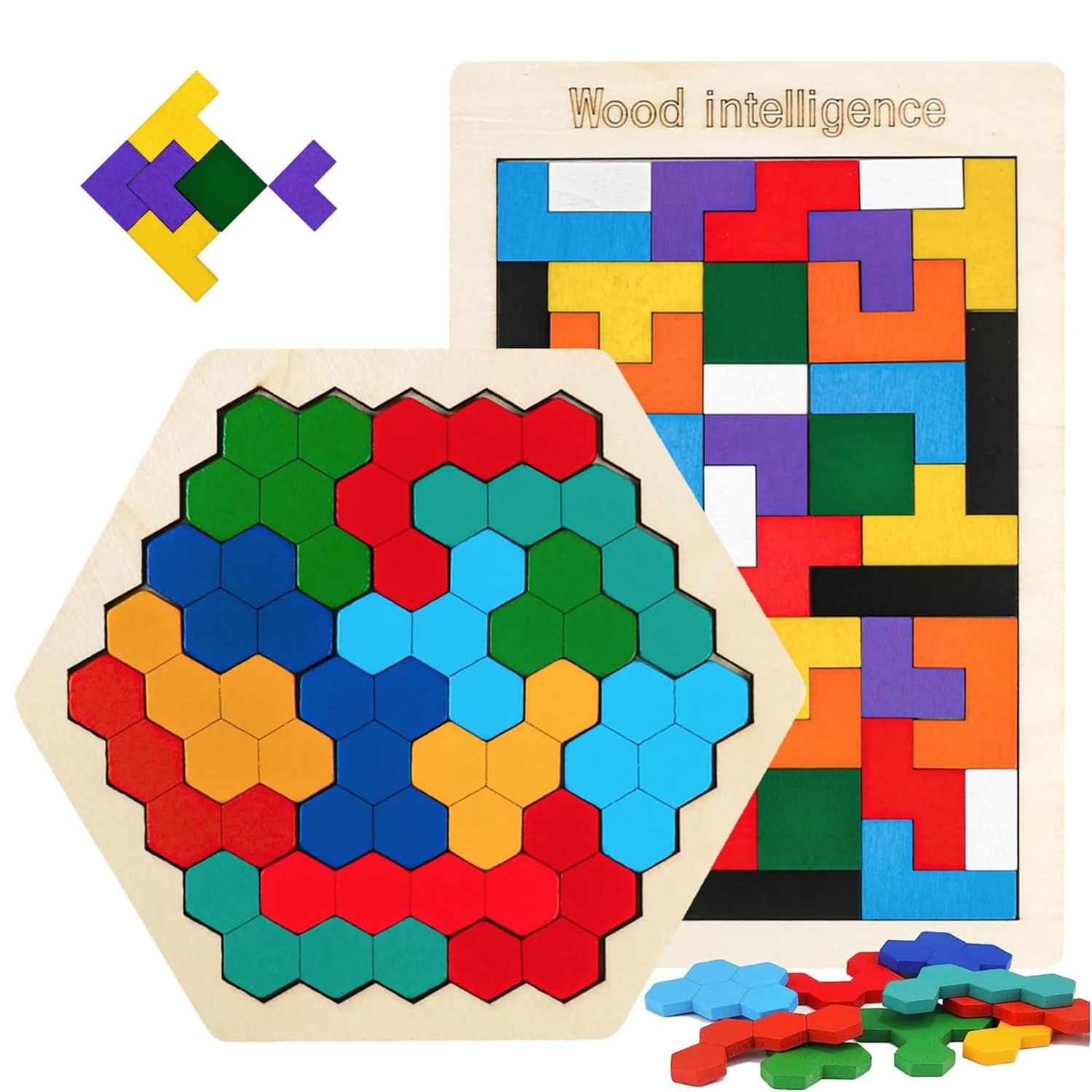 2Pcs Wooden Hexagon Puzzle and Russian Blocks, Shape Block Tangram ...