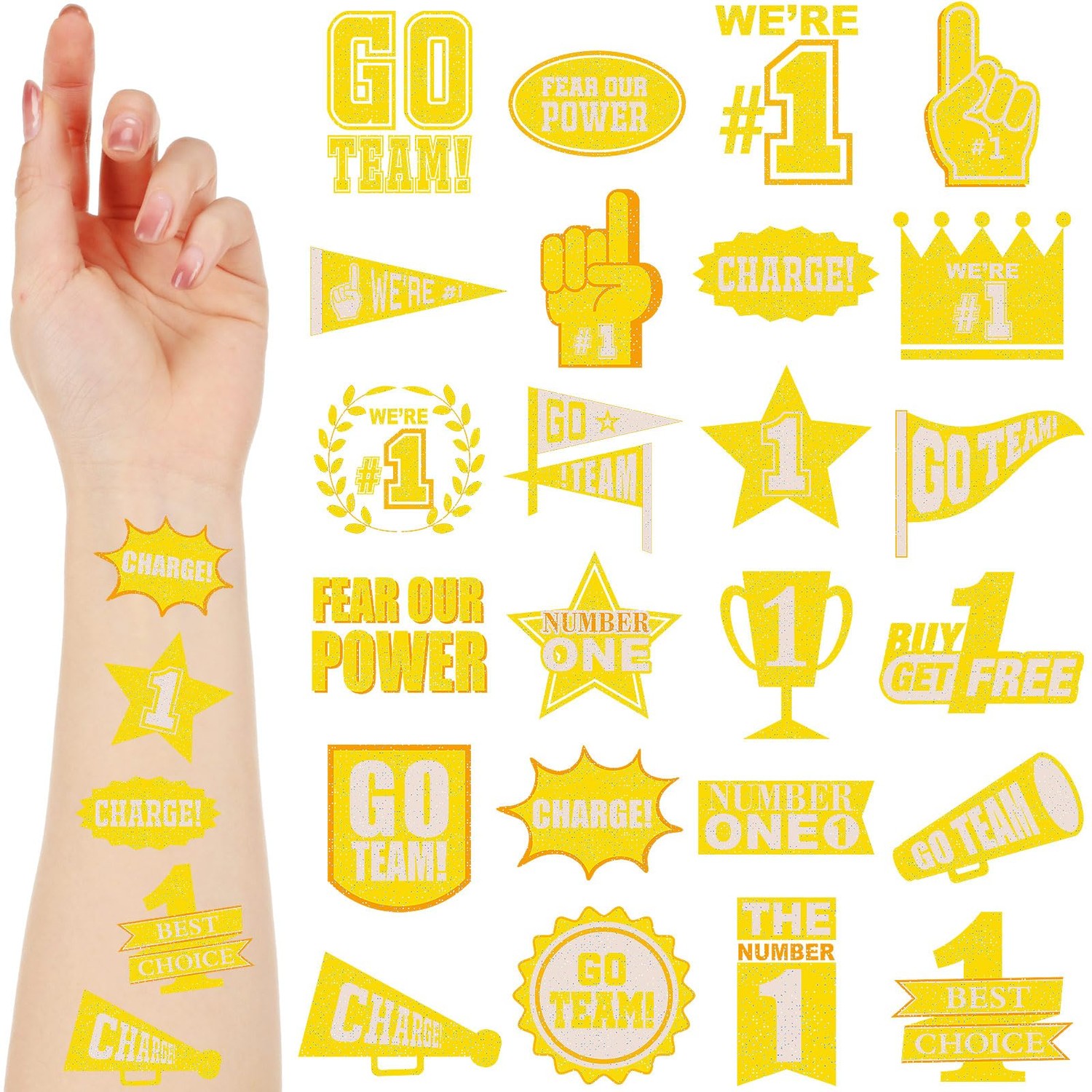 Landhoow 240 Pcs Yellow Team Spirit Tattoos Temporary Glitter Go Team ...
