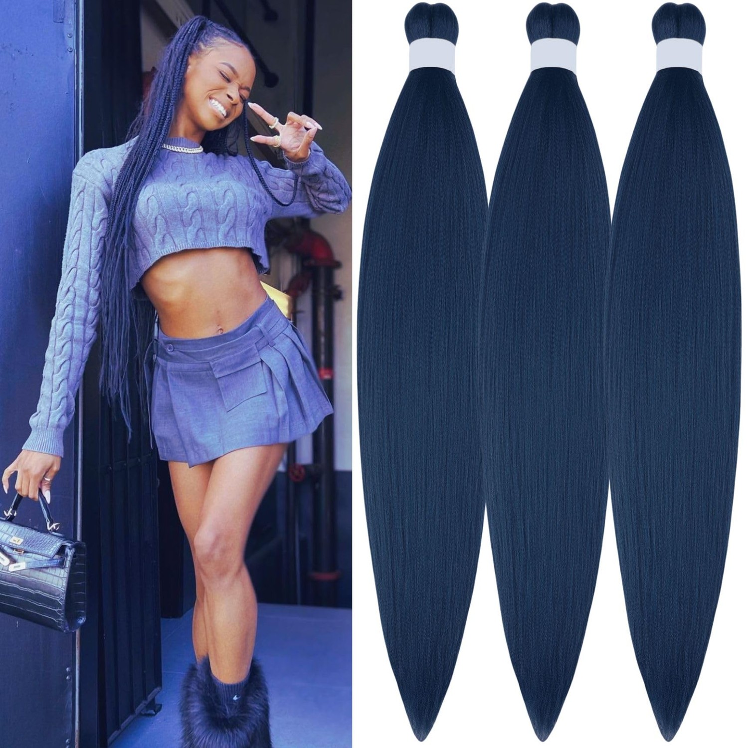 Navy Blue Braiding Hair Pre stretched Kanekalon Knotless Braiding Hair ...