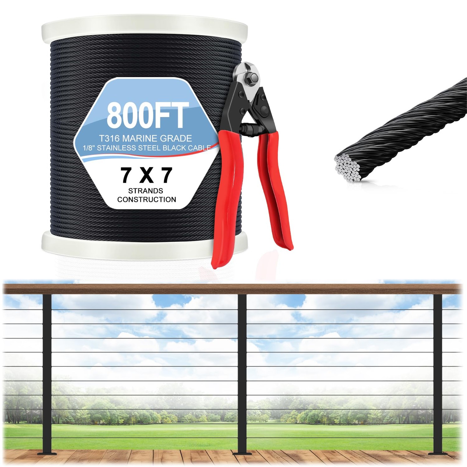 Gyykzz 800FT Black Stainless Steel Cable, 1/8" T316 Marine Grade Wire ...