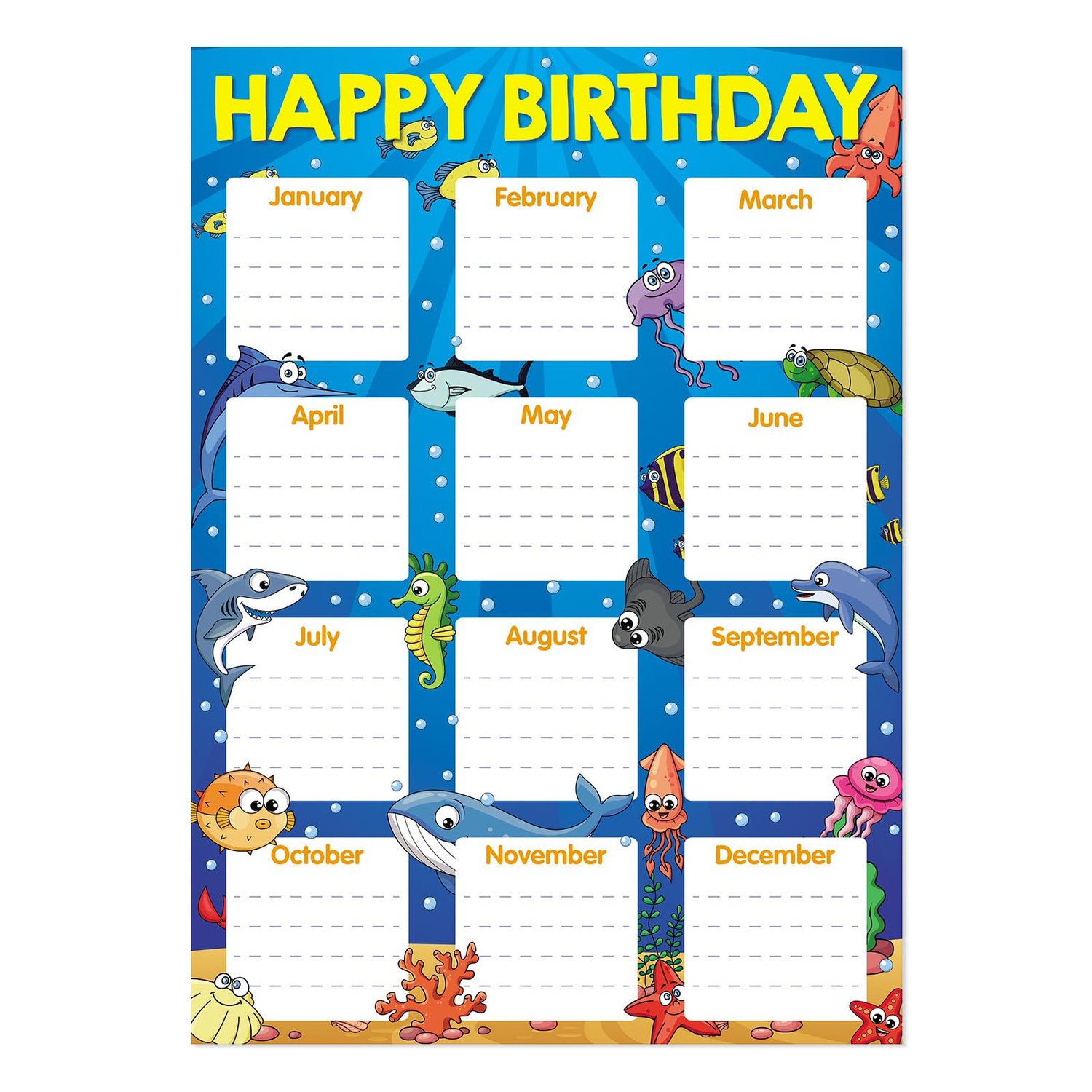 JUESMOS Happy Birthday Chart Ocean Birthday Poster for Classroom ...