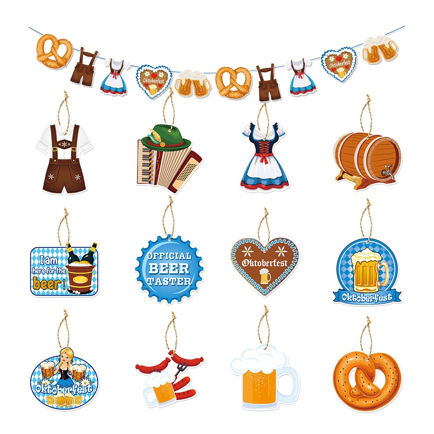 Oktoberfest Deko Set – 1 Banner & 12 Anhänger, Bayerische Deko Blau ...