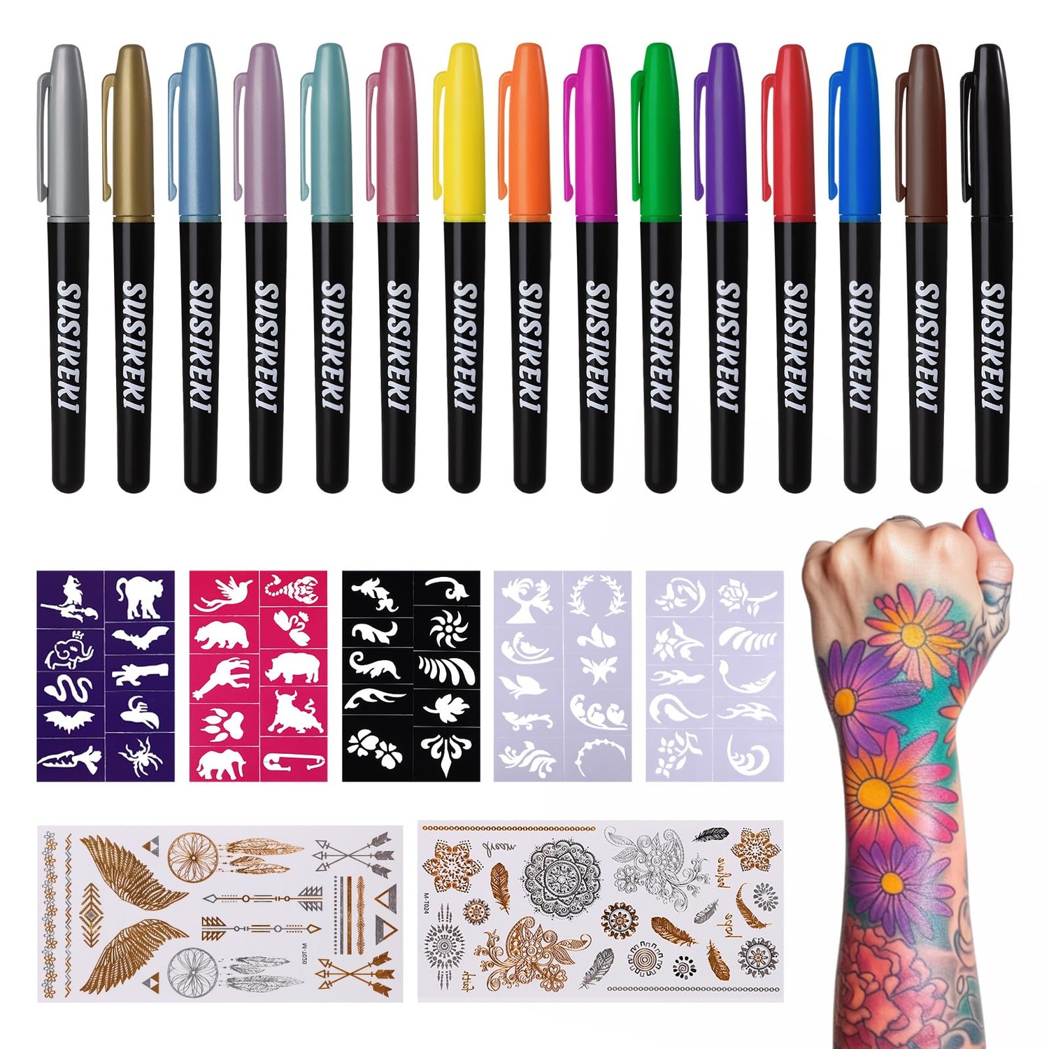 SUSIKEKI Temporary Tattoo Markers for Skin, 15 Colors Tattoo Pen + 50 ...