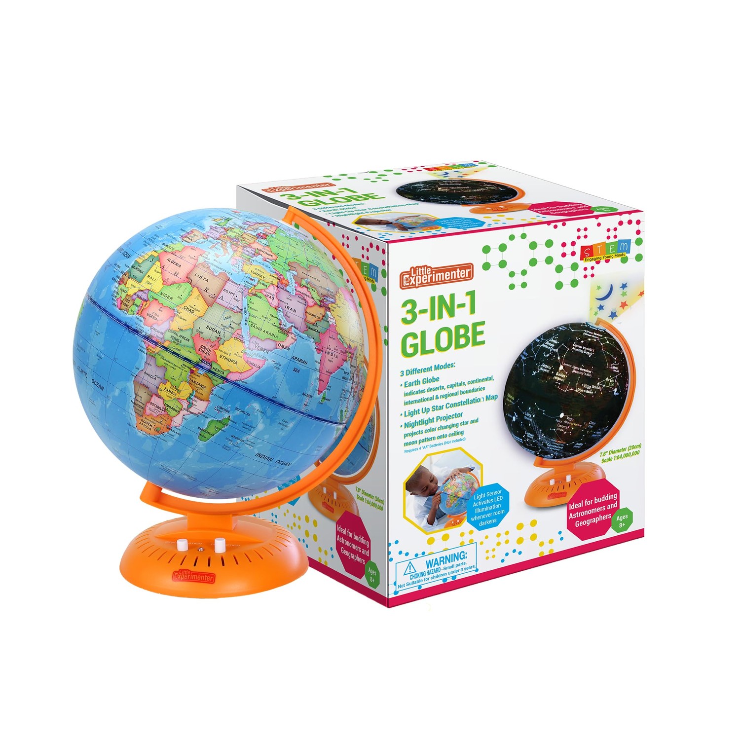3-in-1 Light Up Globe for Kids - 8” Illuminated Star Map World Globes ...