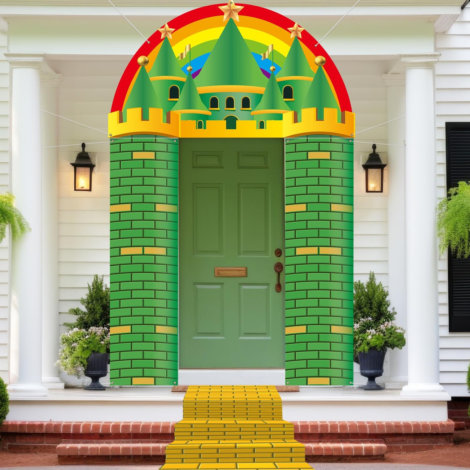 4Pcs Emerald Green Castle Door Banner Yellow Brick Floor Runner 9x6ft ...