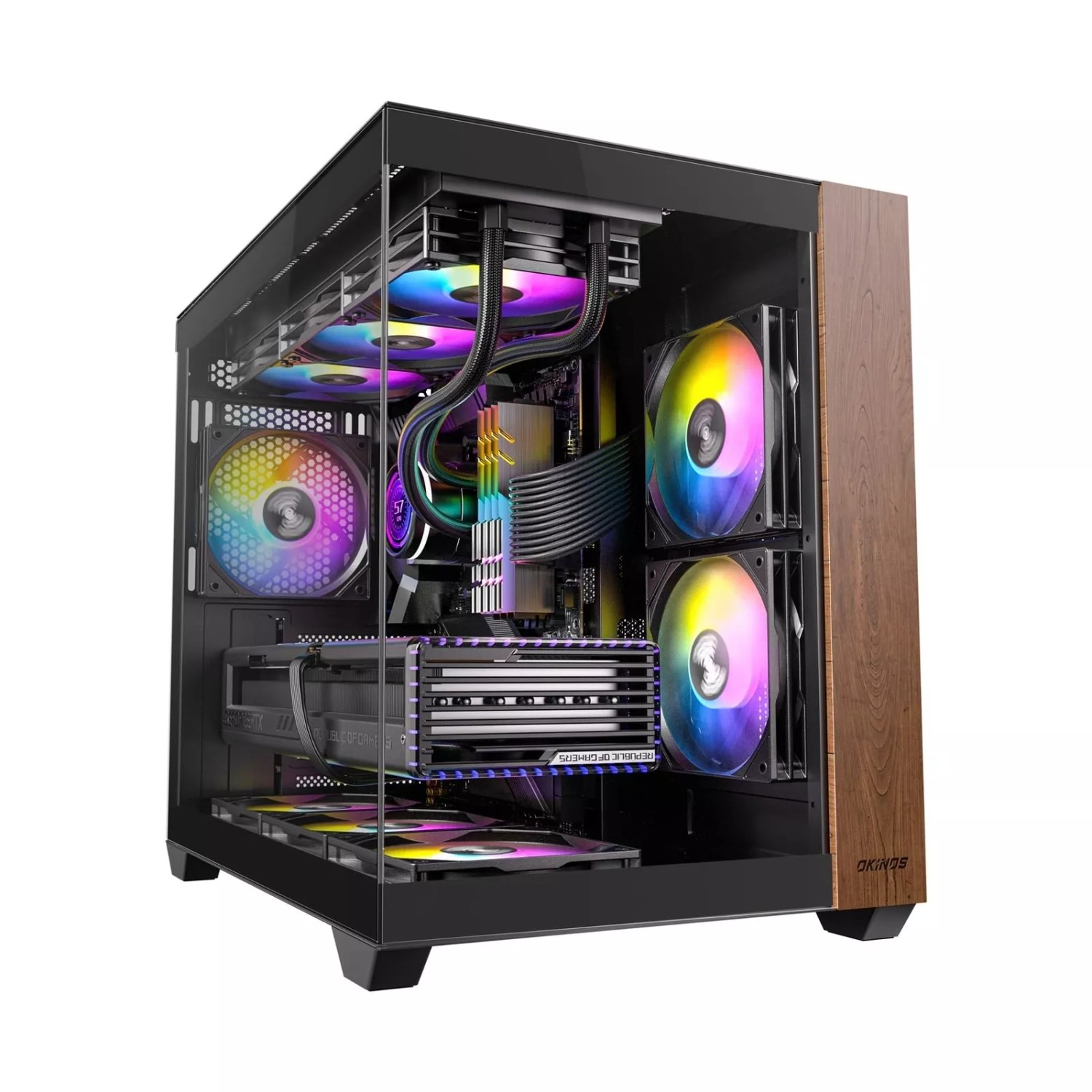 Okinos Genuine Walnut Wood PC Case, Pre-Installed 4 x 120mm ARGB & PWM ...