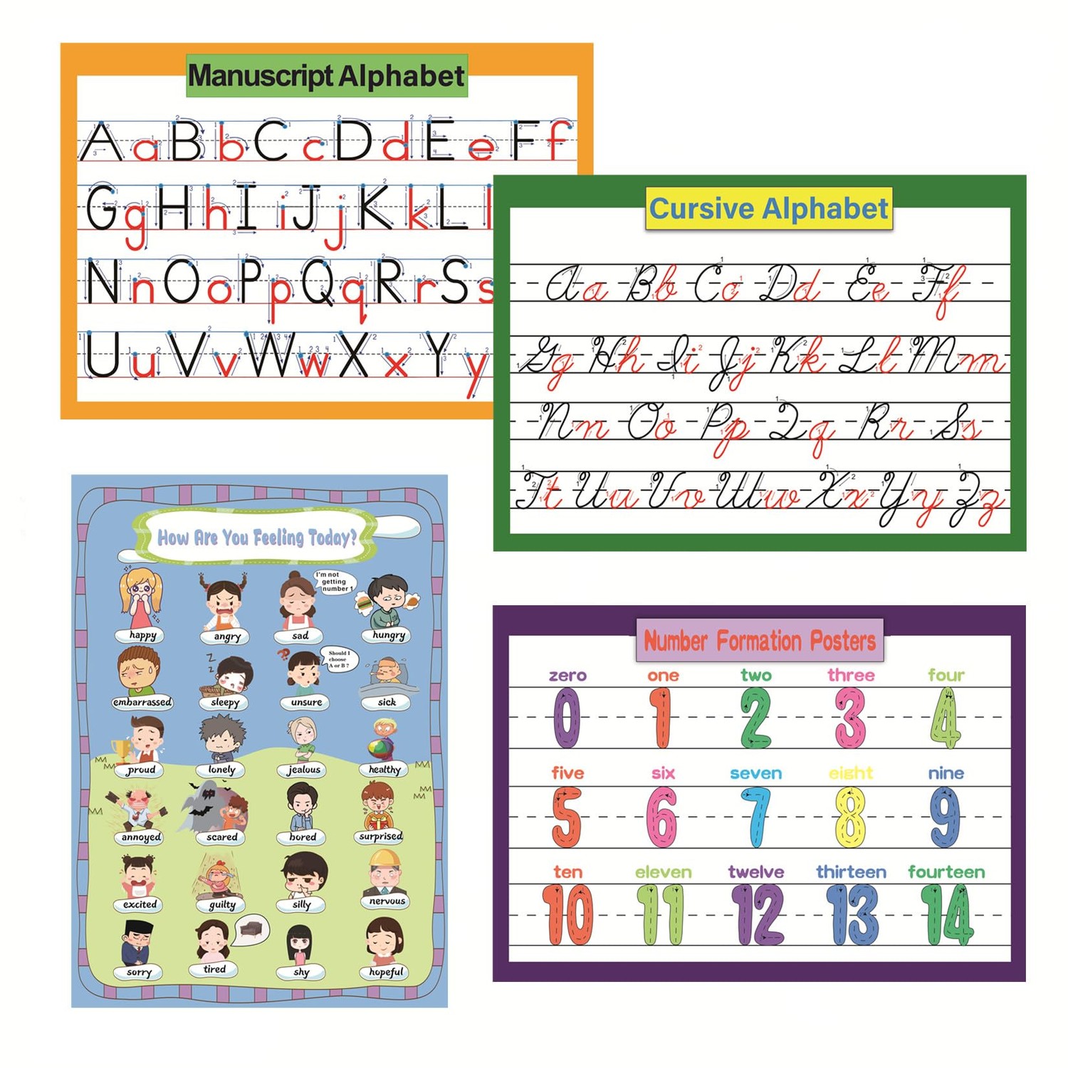 LUGMAZU Cursive Alphabet ABC + Number 1-14 + Feeling Emotion Charts Set ...