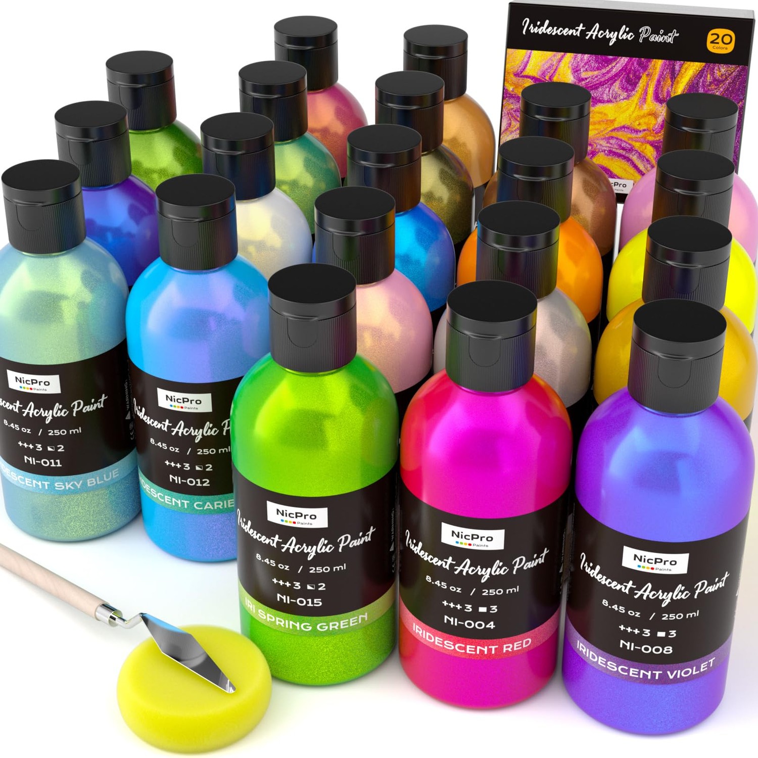 Nicpro 20 Colors Iridescent Acrylic Paint, 8.45oz / 250ml Large Bulk ...