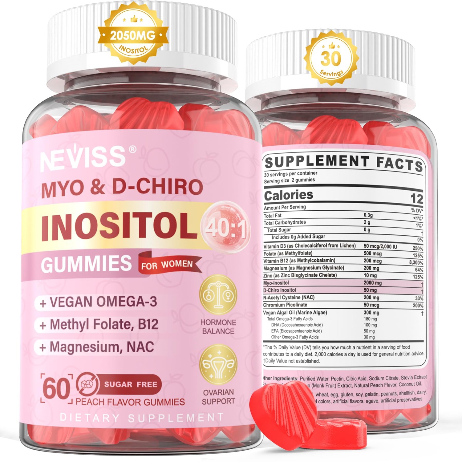 NEVISS Myo-Inositol & D-Chiro Inositol Gummies Sugar Free, Ideal 40:1 ...