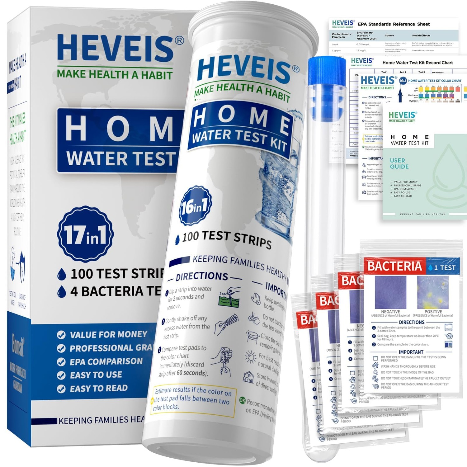 HEVEIS 17 in 1 Home Drinking Water Testing Kit - 100 Strips + 4 ...