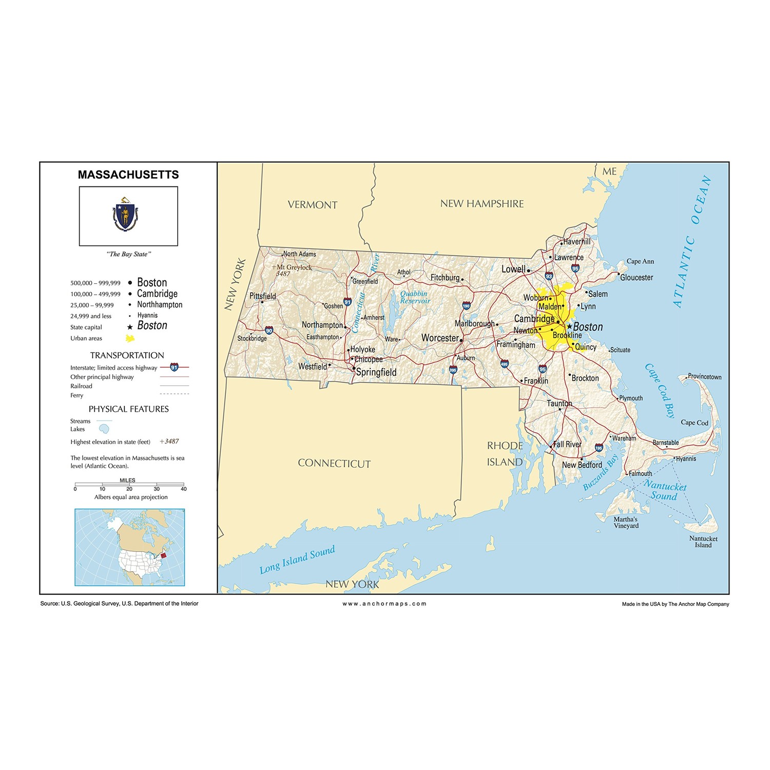 13x19 Massachusetts General Reference Wall Map - Anchor Maps USA ...