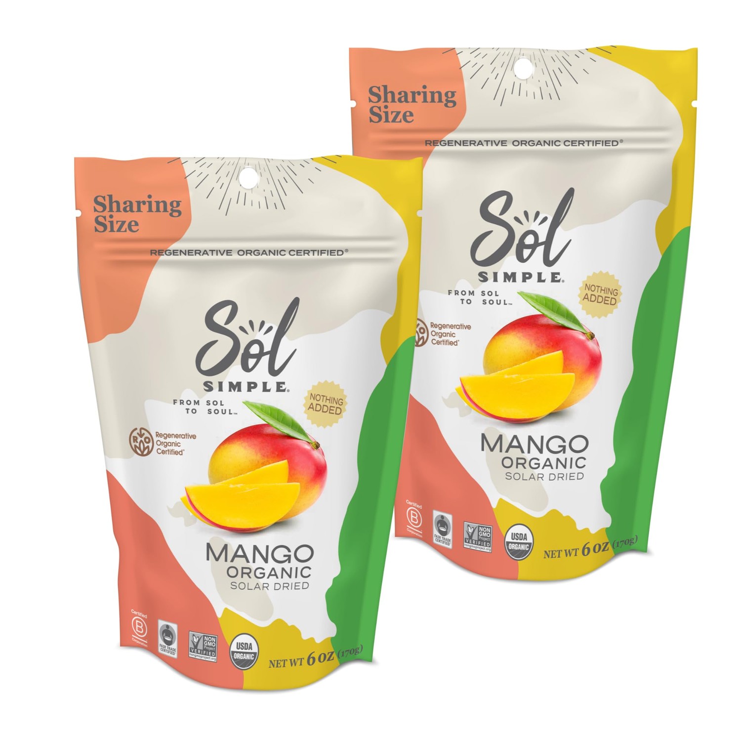 SOL SIMPLE Organic Dried Mango | 6oz Snack Pack (2 Bags Total) | One ...