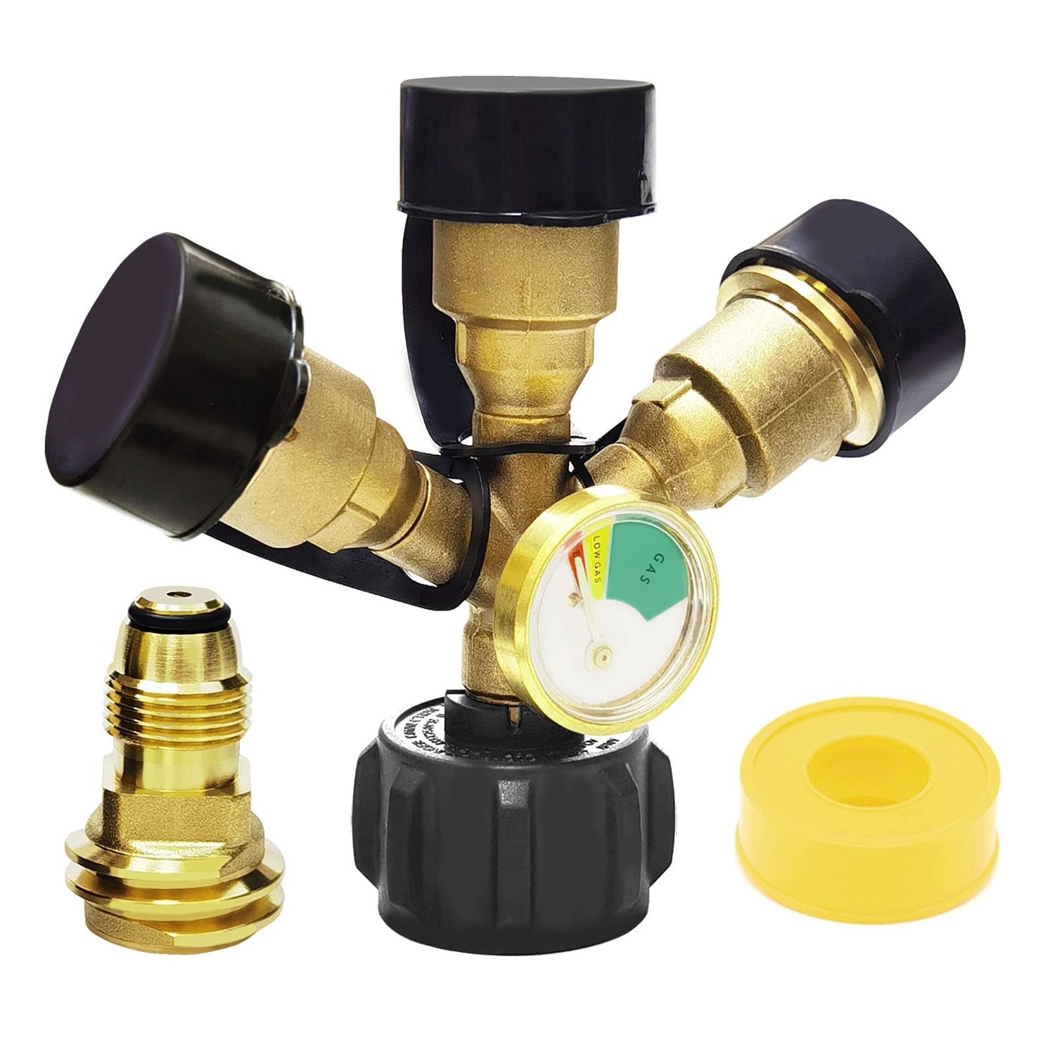 3 Way Tank Propane Splitter QCC/POL with Gauge and Shut-Off Valve, Y ...