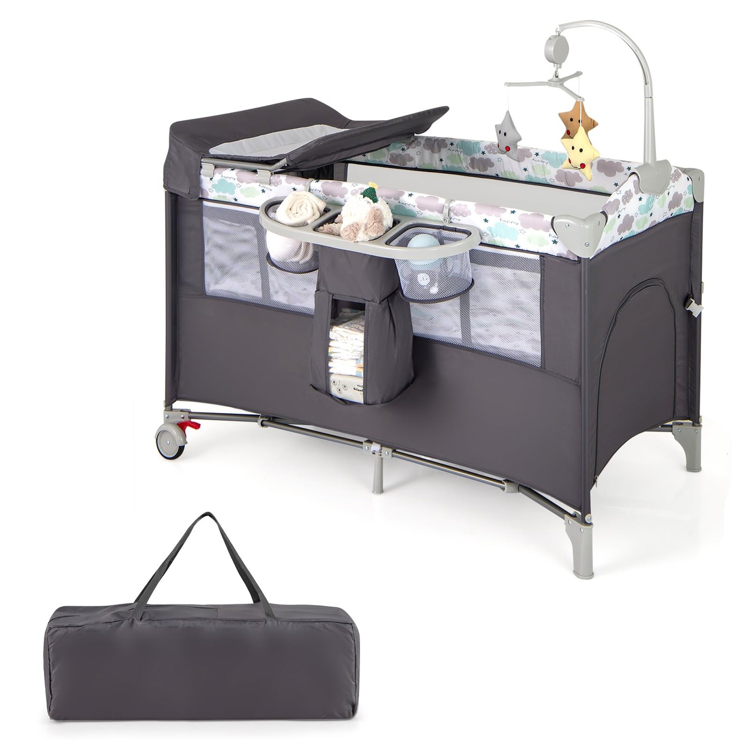 COSTWAY 5-in-1 Folding Side Cot, Travel Cot with Mattress, 2 Level Baby ...