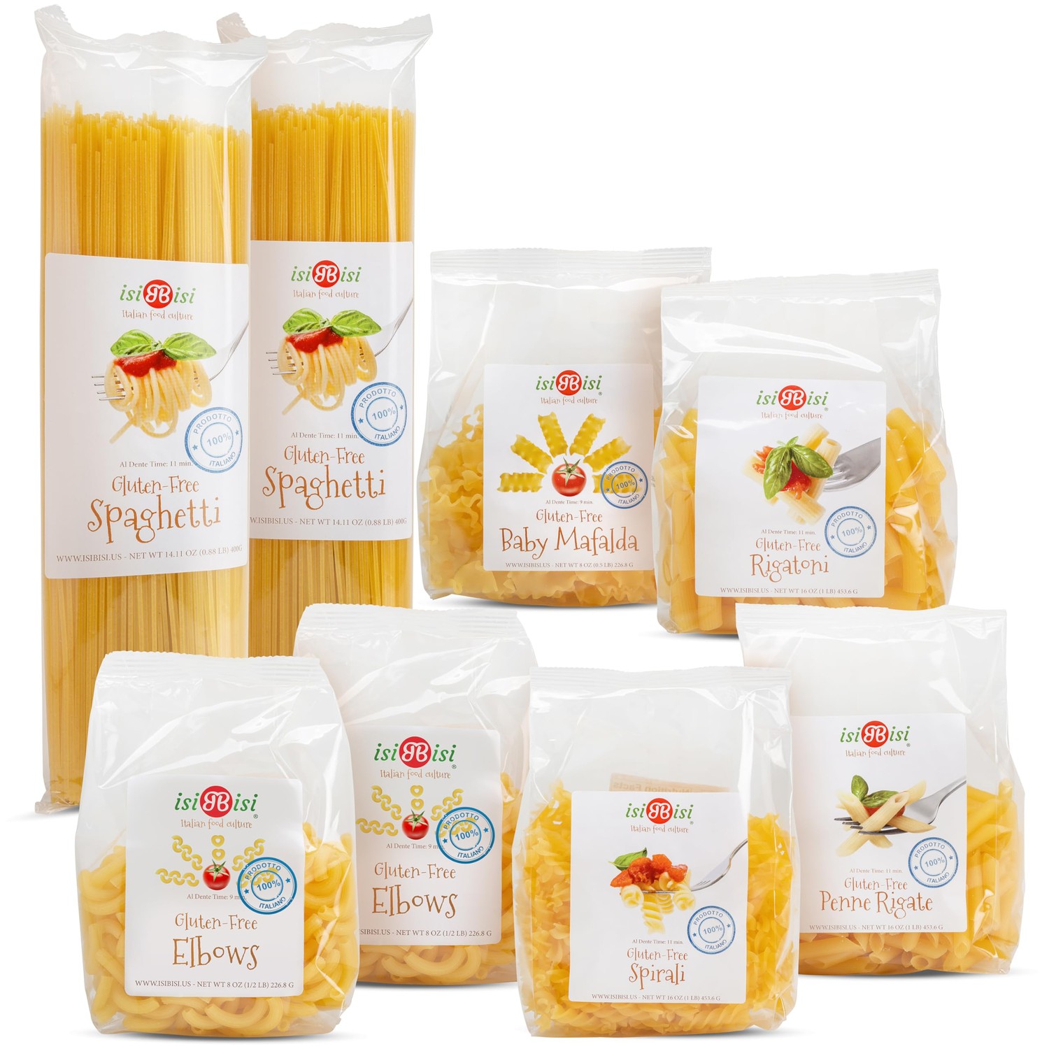 isiBisi Gluten Free Pasta Sampler, 8-Pack - Penne, Spaghetti, Rigatoni ...