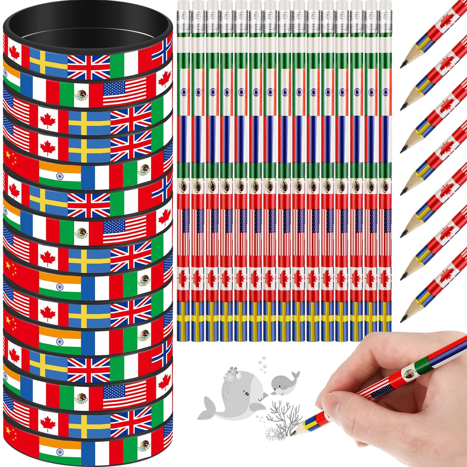 Ctosree 60 Pcs International Flags Pencils World Flag Bracelets ...