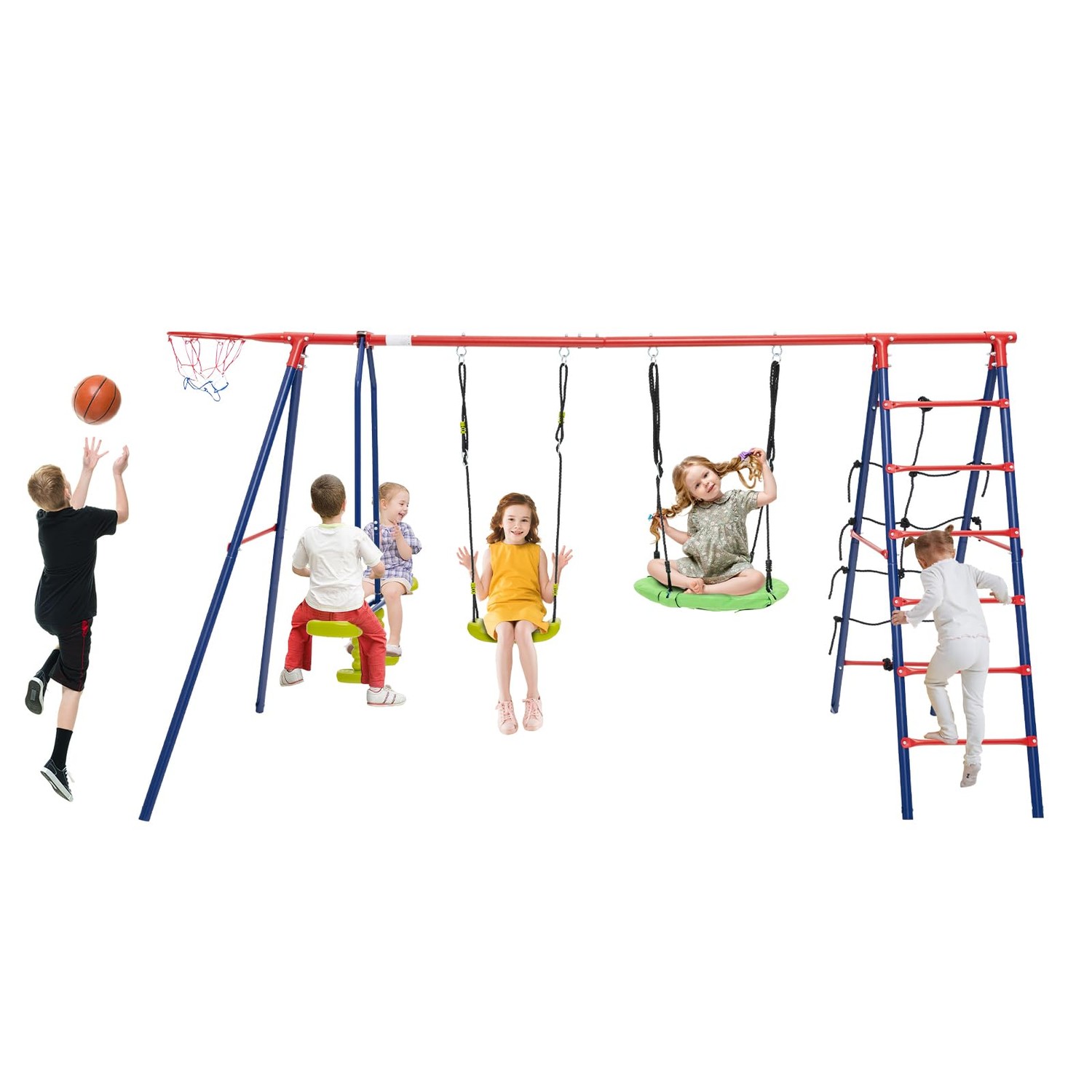 GYMAX Kids Swing Set, Metal Swing A-Frame with 2 Swings, Basketball ...