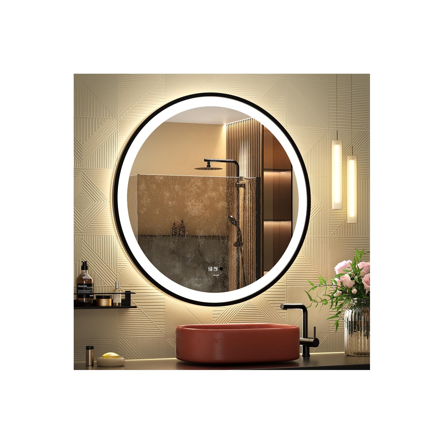 GANPE LED Sensor Mirror, Round Human Body Induction, Black Framed ...