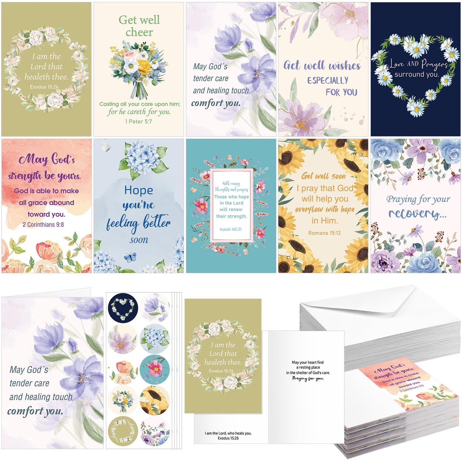 Dunzoom 50 Pack Religious Get Well Soon Cards with Scripture Assorted ...