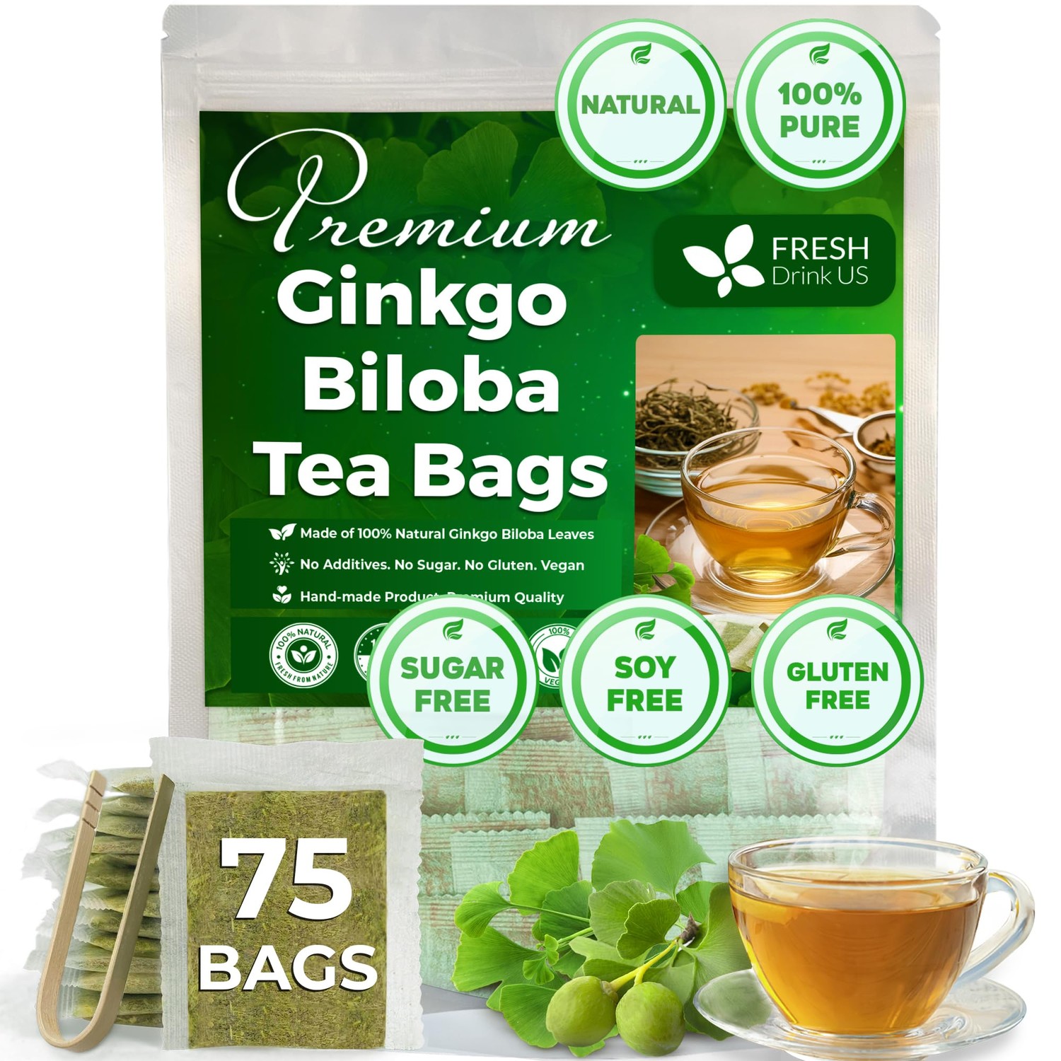 FreshDrinkUS, Premium 75 Ginkgo Biloba Leaf Tea Bags, 100% Natural ...