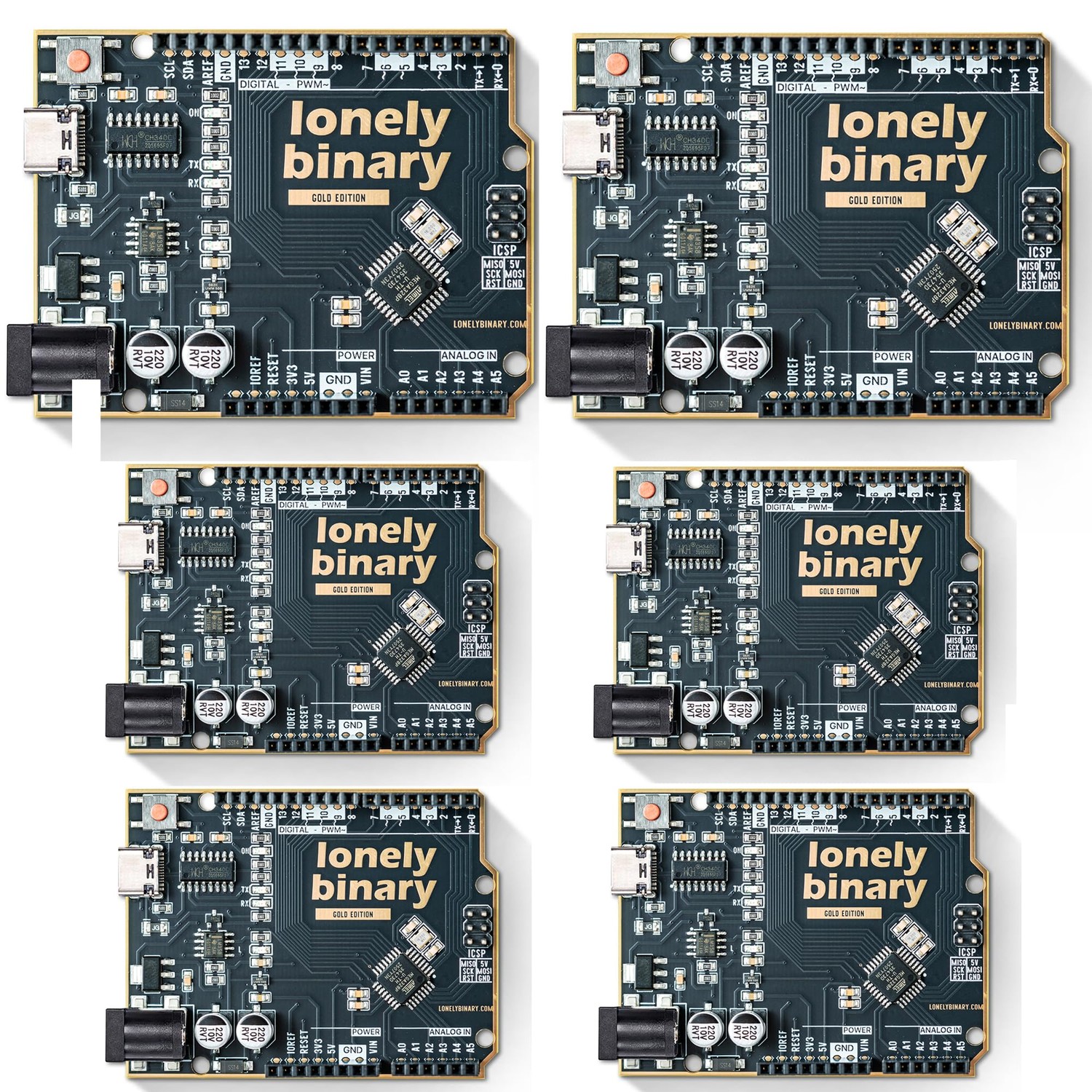Lonely Binary 6-Pack UNO R3 Black Gold Edition – Lead-Free ATmega328P ...