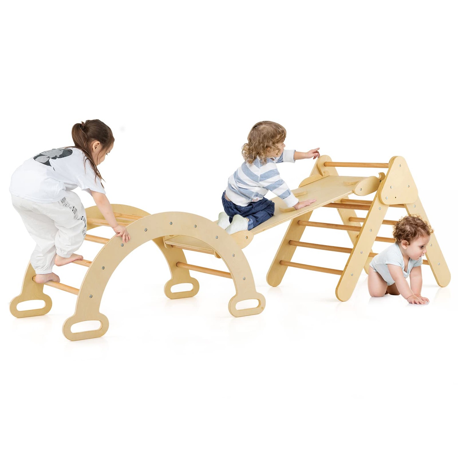 COSTWAY 3 in 1 Toddler Climbing Frame, Kids Wooden Arch with Reversible ...