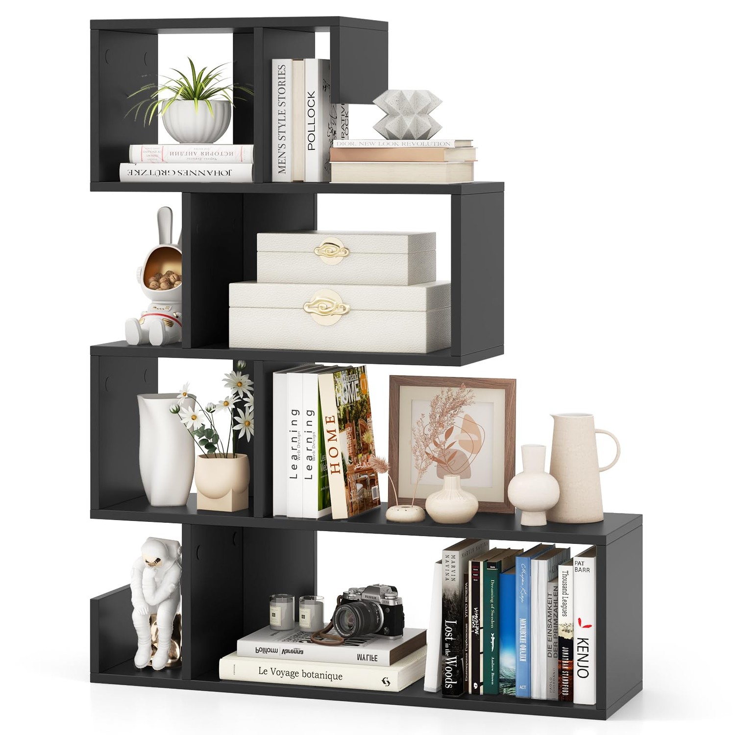 Tangkula S-Shaped Bookshelf, 5-Tier Modern Geometric Stepped Bookcase ...
