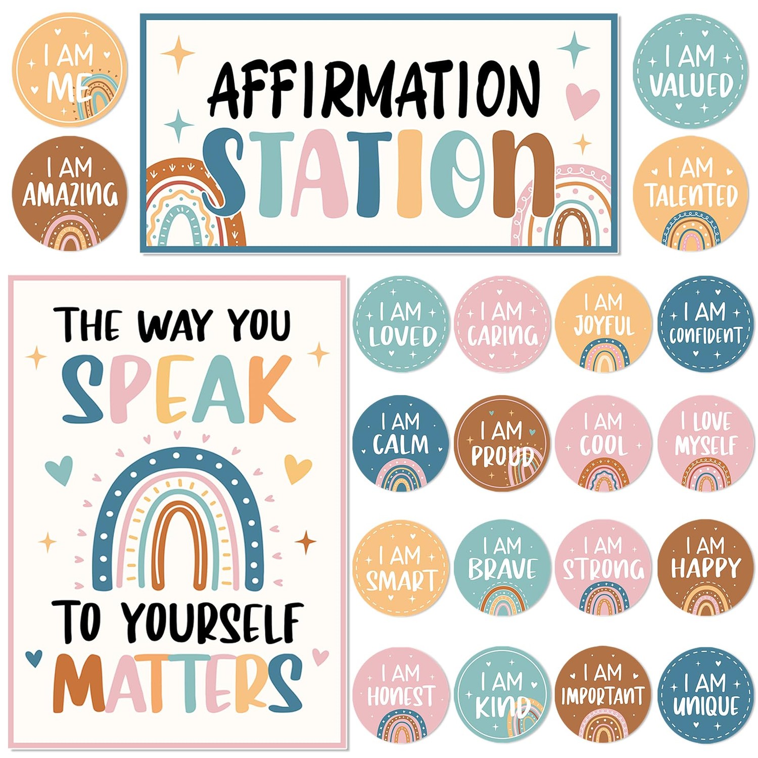 Boho Affirmation Station Bulletin Board Set Rainbow Classroom Decor ...