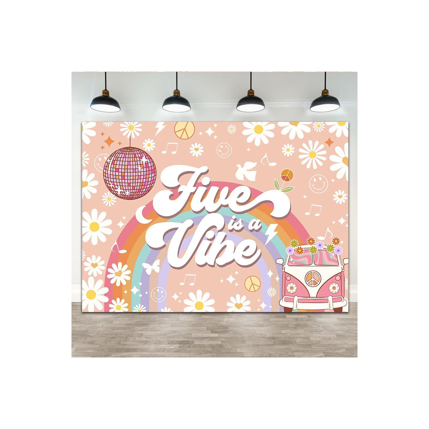 Lofaris 7x5ft Groovy 5th Birthday Backdrop Pink Daisy Rainbow Van ...