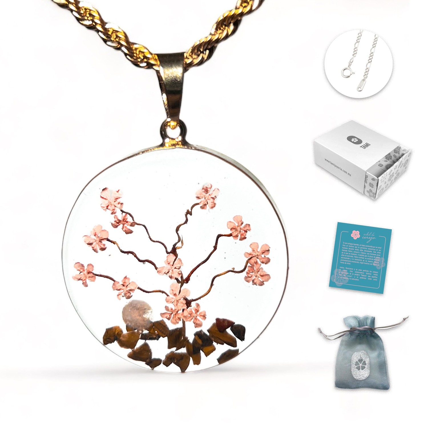 TAMI Collar Árbol de Cerezo Rosa en Baño de Oro de 14 K con Piedras de ...