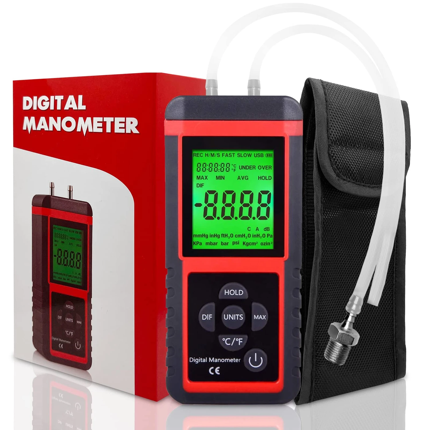 EHDIS Manometer, Professional Air Pressure Meter, Dual-Port HVAC Digital Manometers Gas Pressure ...