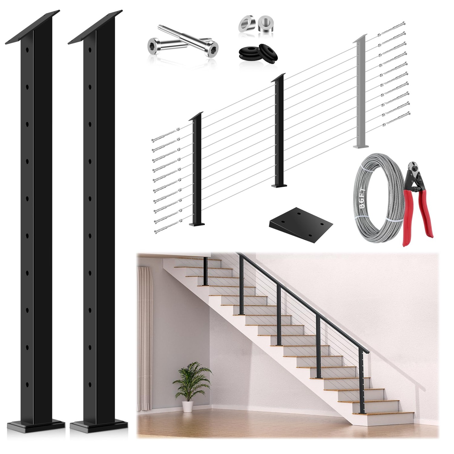 Gyykzz 2 Pack One-Stop Stair Cable Railing Post Kit, 36" Slant Fixed ...