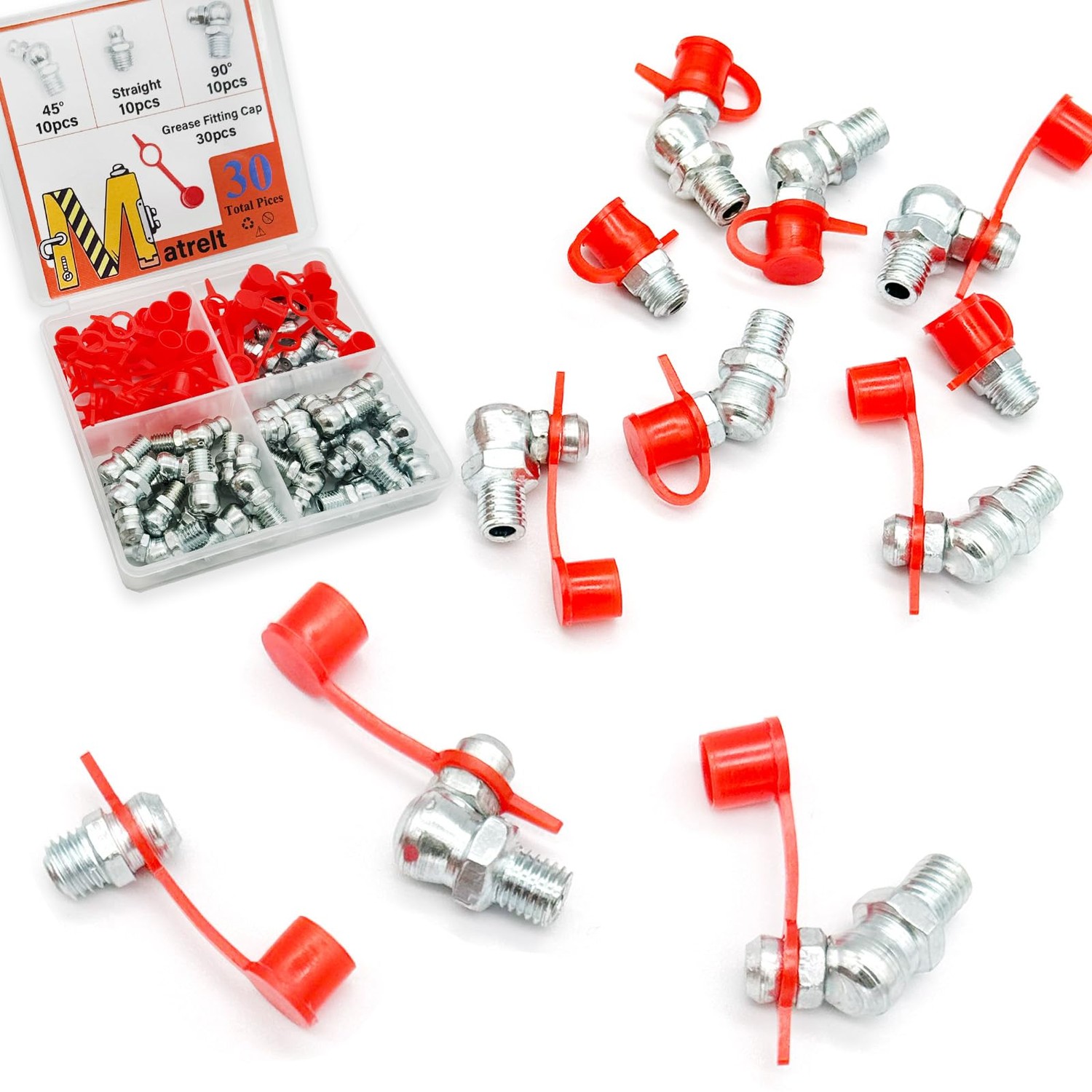 30Pcs 1/4"-28 Straight 45 90 Degree Grease Fitting Assortment Kit with Grease Zerk Fittings Caps ...