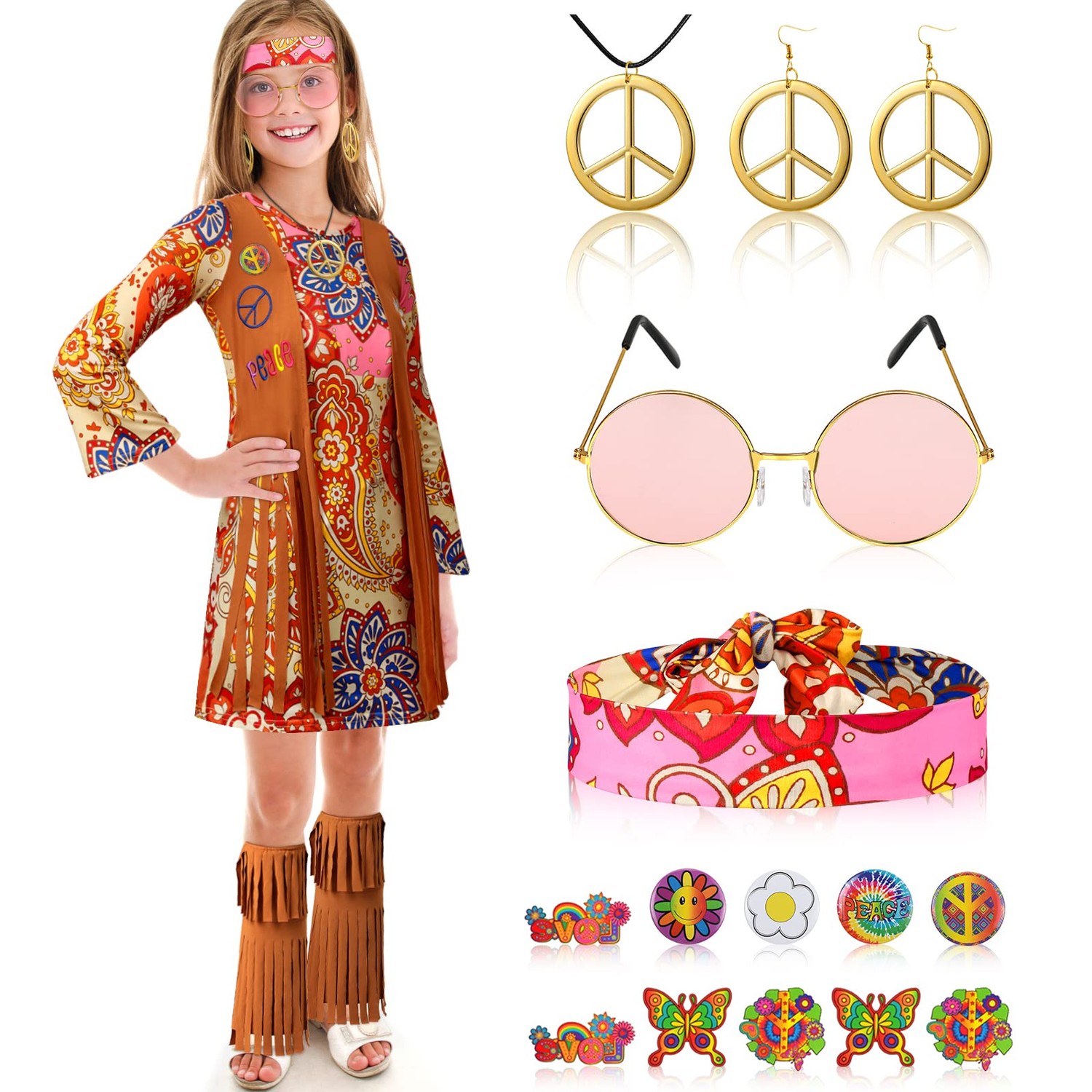Hotop 18 Pcs Hippie Costume for Girls 60s 70s Hippie Outfits for Kids ...