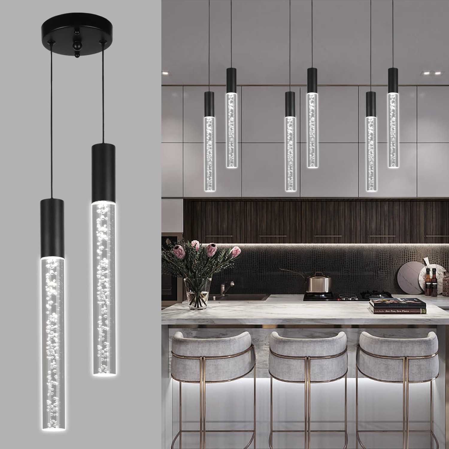 XIYAZG Modern Black Pendant Light Fixture 2-Light, 3-Color LED Pendant ...