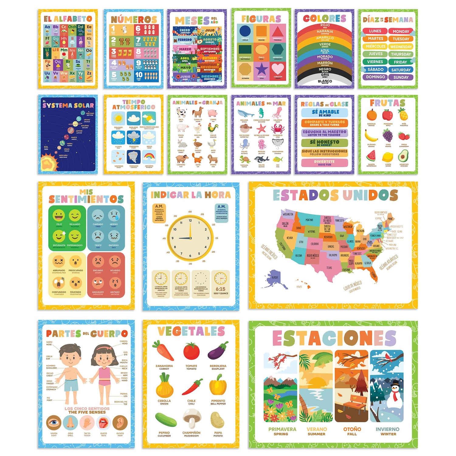 Wallbuddy 18 Educational Spanish Preschool Posters | Numbers Alphabets ...